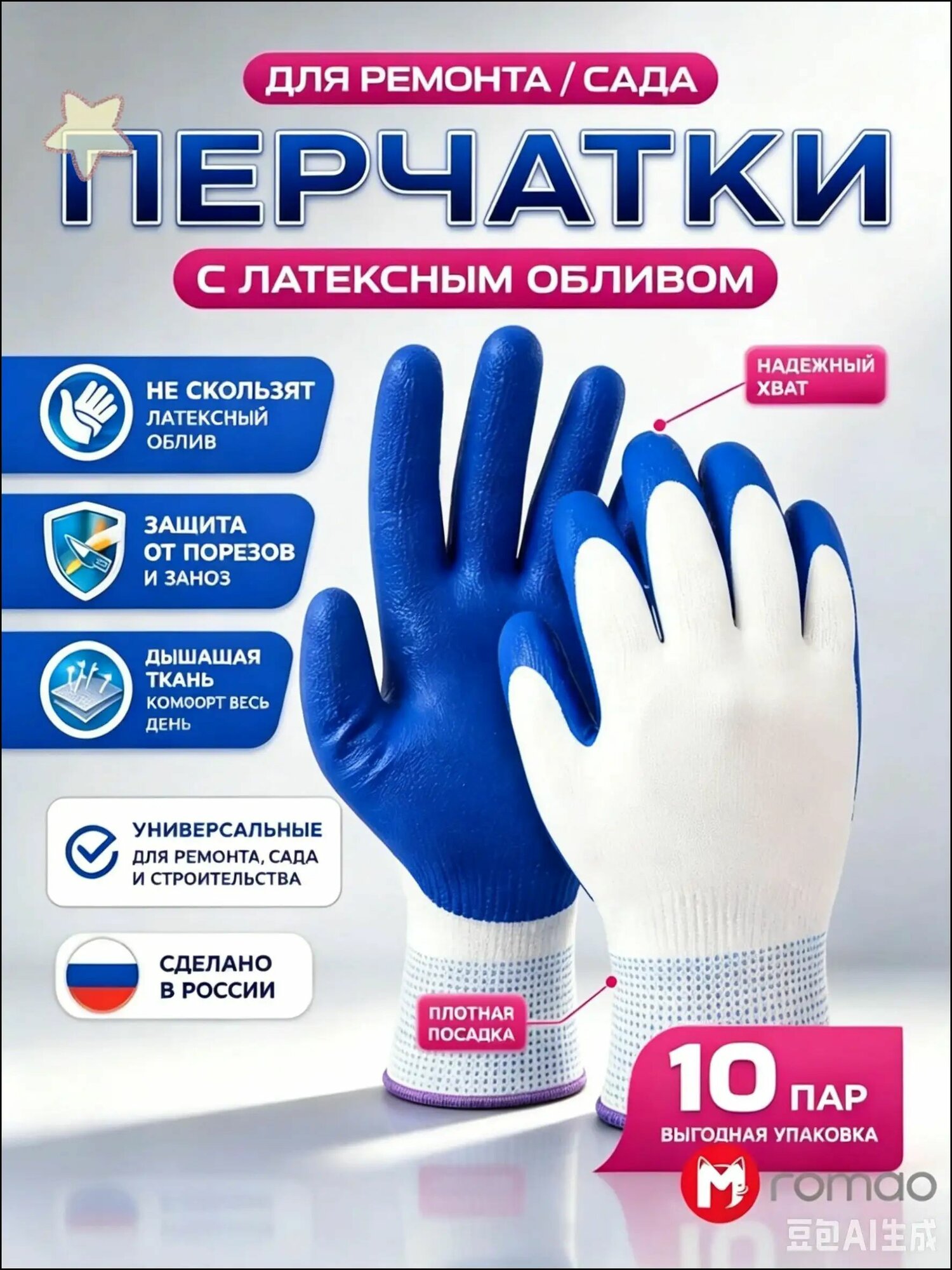 Премиальные перчатки для строительства, сада и ремонта, 10 штук, оснащенные латексным напылением для уверенного сцепления с поверхностями.