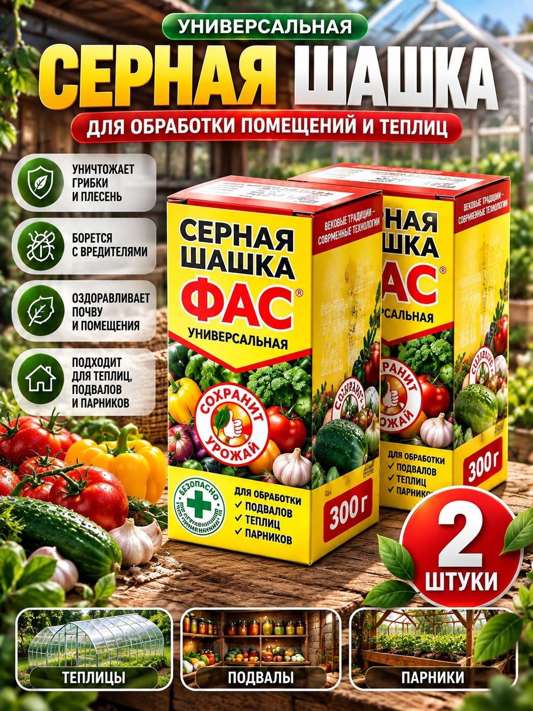Серная шашка для теплиц, погребов, подвалов ФАС 300г х 2шт