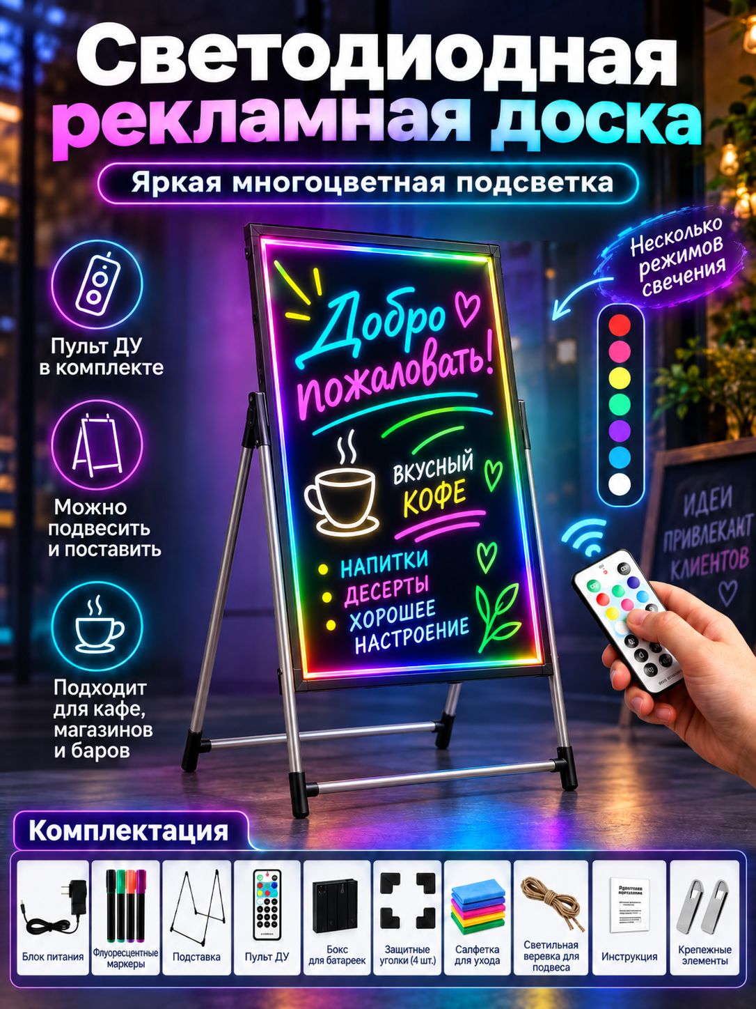 Световая доска LED на регулируемой стойке, питание от сети, размер 60x80 см, чёрная рама