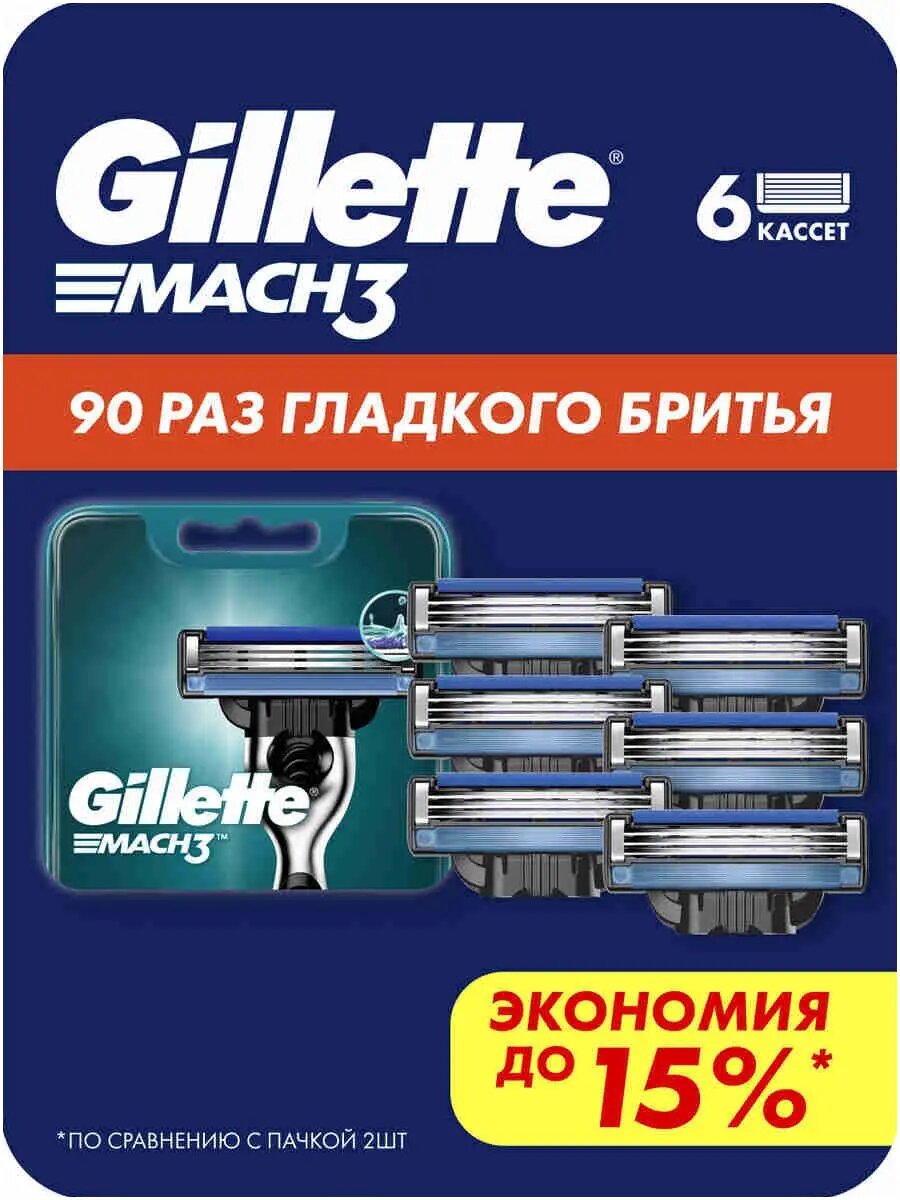 Сменные кассеты для бритья Gillette Mach3 мужские с 3 лезвиями для бритвы, 6 шт