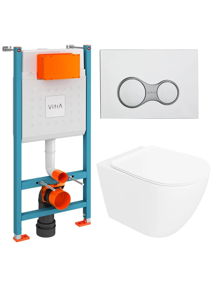 Комплект 4 в 1: Инсталляция VitrA Ви-Фикс Кор (V-Fix Core) 732-5800-01 / Унитаз подвесной STWORKI Готланд S13401WH безободковый, с микролифтом / Кнопка Сириус (Sirius) 740-0480, глянцевый хром, Комплект креплений