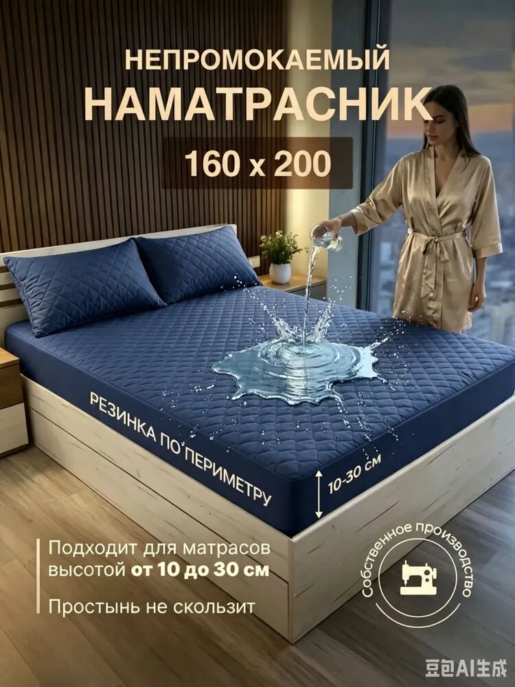 Наматрасник непромокаемый с резинкой по периметру, микрофибра, лазурный
