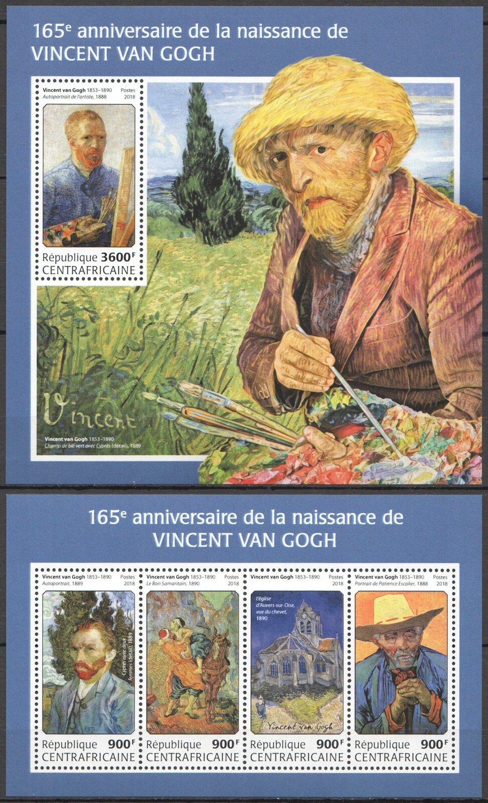Марки 2018 год ЦАР Винсент Ван Гог Картины Искусство #7717-0+Бл1743 MNH
