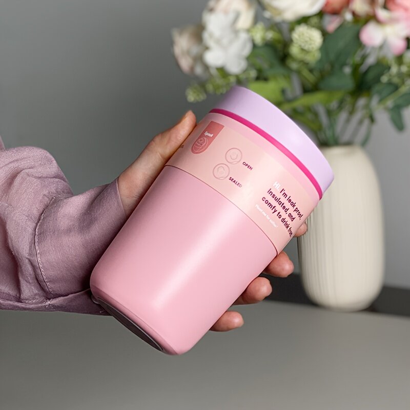 Кружка для кофе 12 oz из нержавеющей стали с вакуумной изоляцией, дорожная кружка для авто, офиса, дома и кемпинга, современный дизайн, материал пищевого класса, для подстаканника, светло-розовая