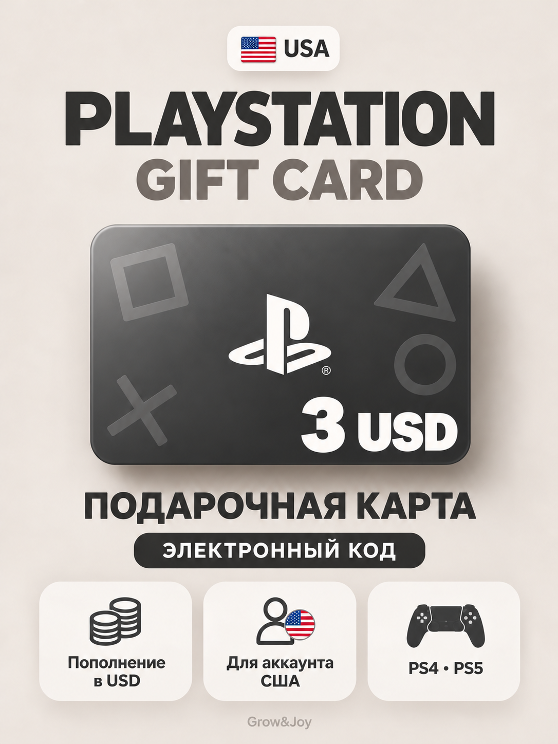 Подарочная карта пополнения Sony PlayStation Store США 3 USD — PSN USA для PS4 и PS5, цифровой код