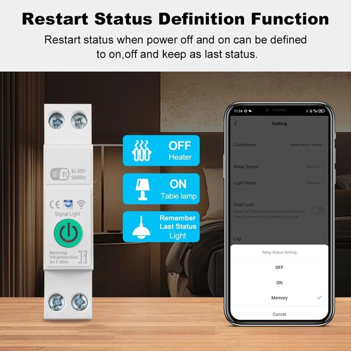 Умный автоматический выключатель Graffiti WiFi 1P+N 63A для установки на DIN-рейку