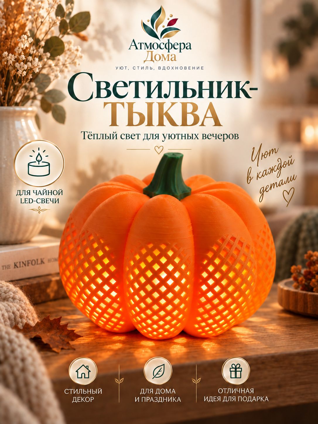 Светильник-тыква декоративный для LED-свечи, осенний декор и украшение на Хэллоуин от Атмосферы Дома, размер 135х105 мм
