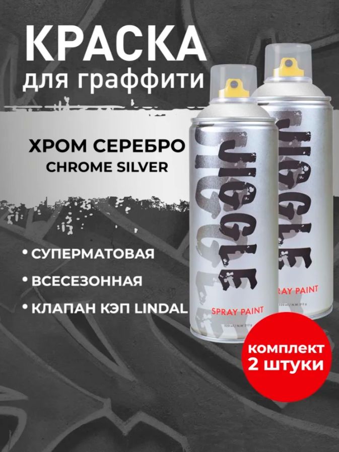 Аэрозольная краска для граффити в баллончике JIGGLE супер матовая, 520 мл, CHROME SILVER / Хром серебро - 2 шт