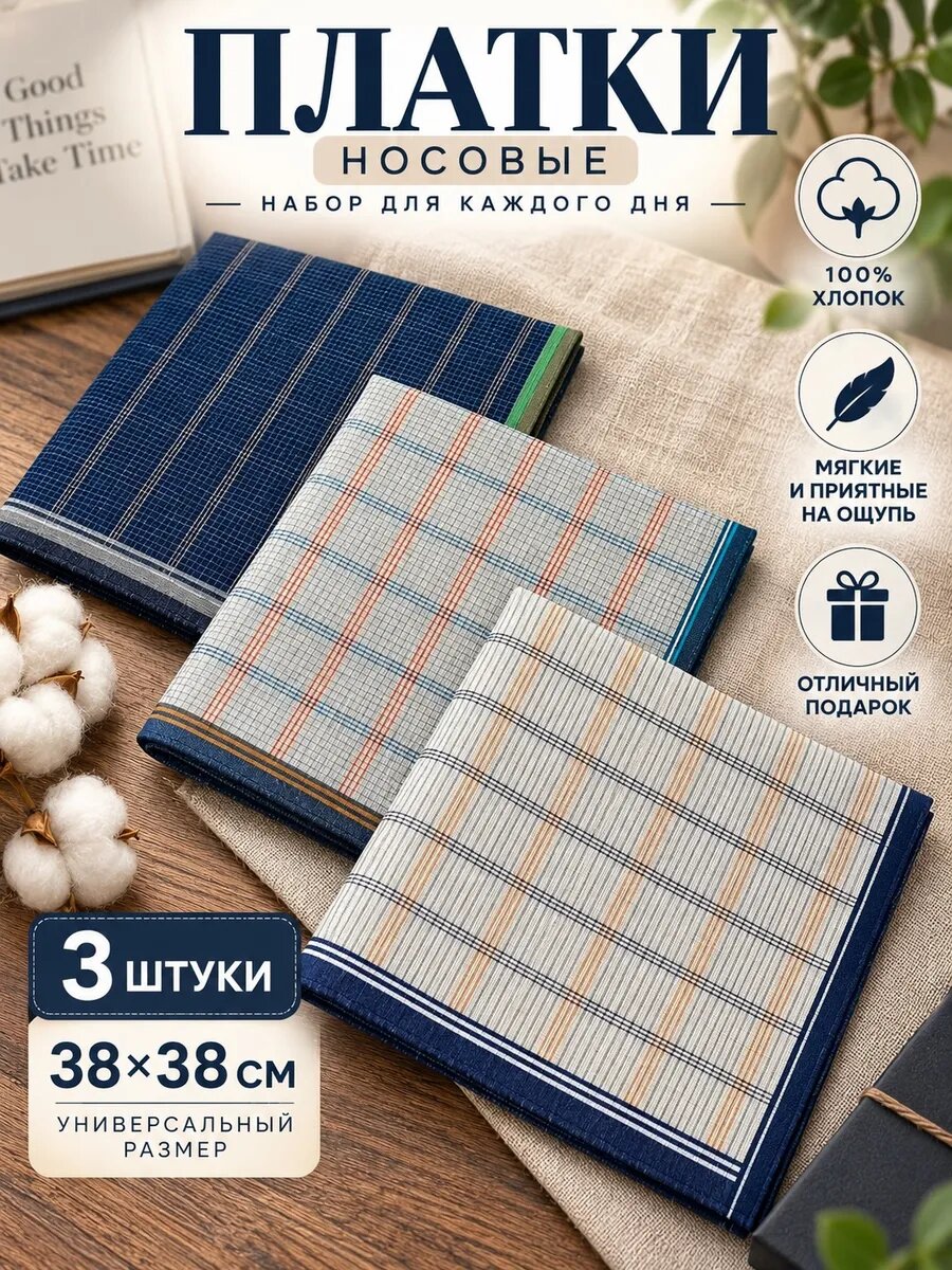 Носовой платок Pastel, 3 шт., коричневый, синий, зеленый