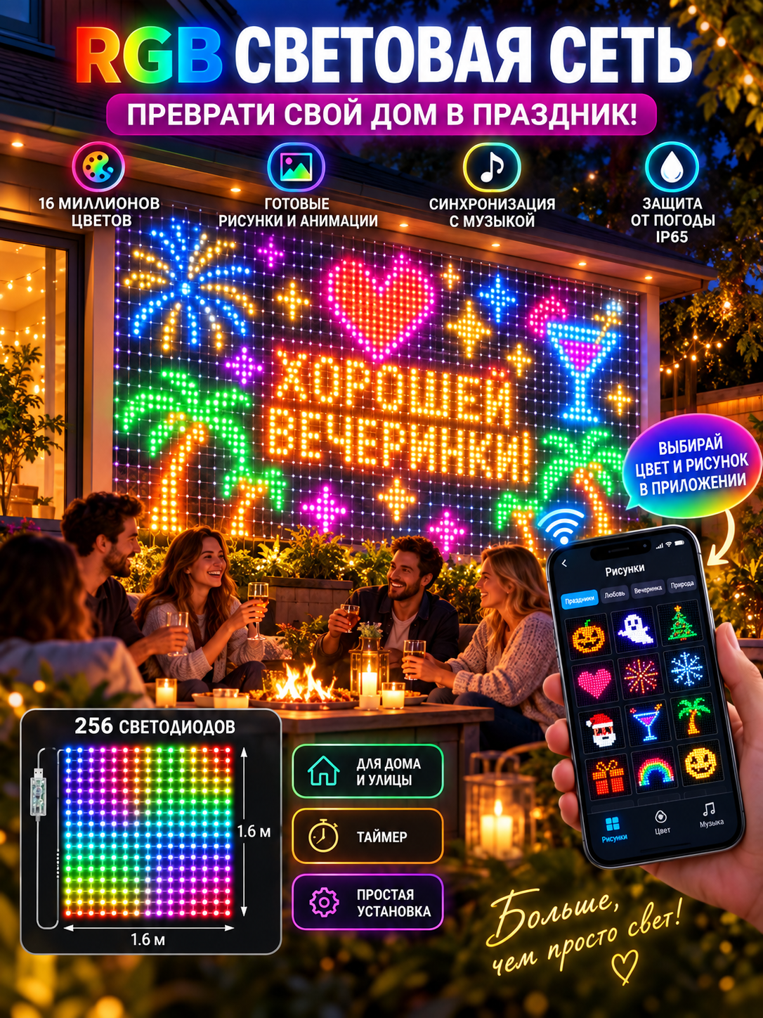 Умная гирлянда сетка занавес RGB, смарт управление через приложение, уличная IP65, светомузыка, таймер, на окно и фасад