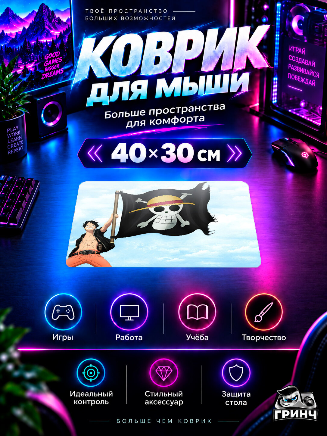 Игровой коврик для мыши 40×30 см — One Piece / Ван-Пис — Monkey D Luffy One Piece Anime