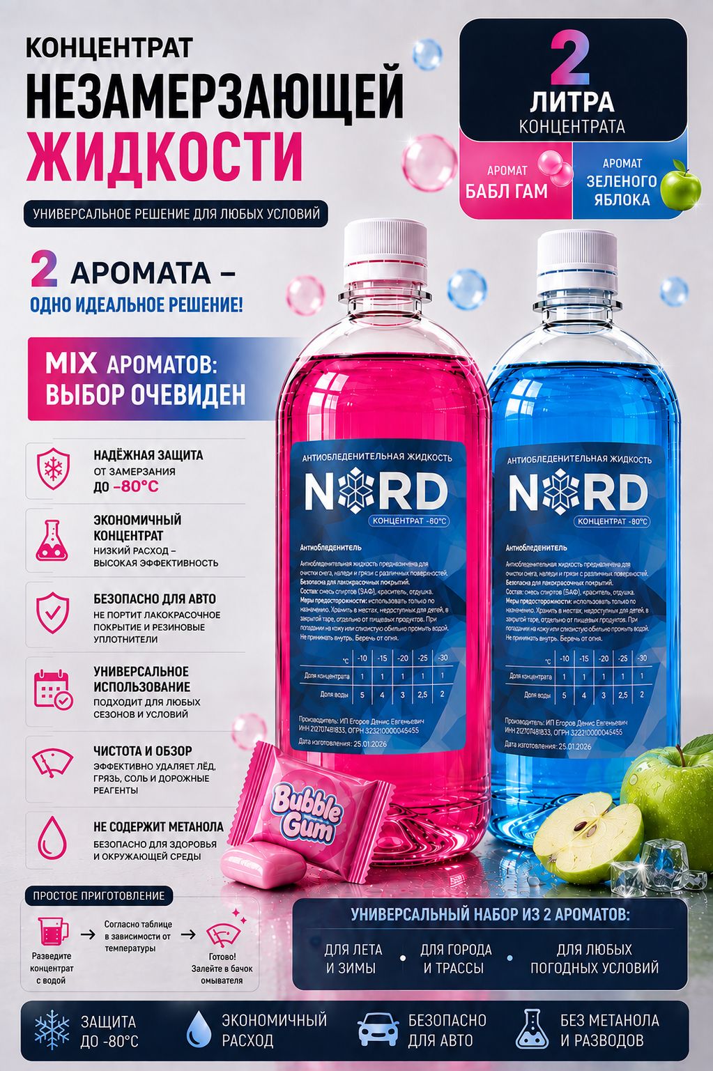 Концентрат незамерзающей жидкости NORD с ароматом Бабл гам 1л и с ароматом Яблоко 1л