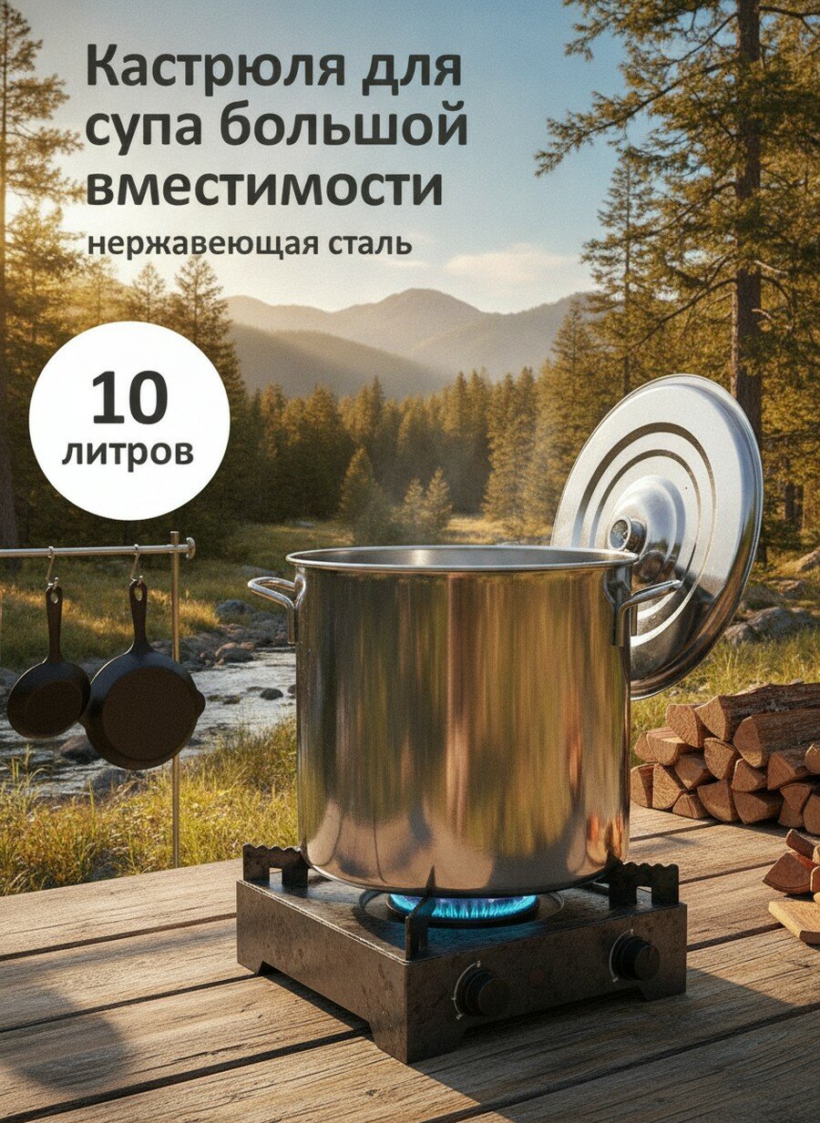 Кастрюля 26 см 10 л с крышкой нержавеющая сталь, для газовой плиты, подходит для духовки, комплект 1 шт
