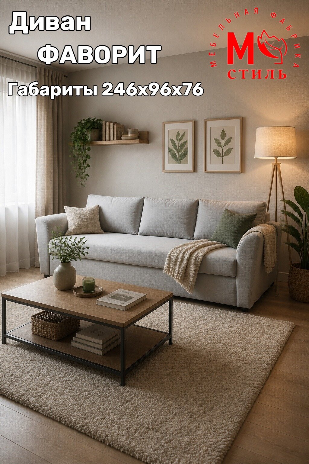 Диван прямой М-Стиль "Фаворит" еврокнижка, светло-серый