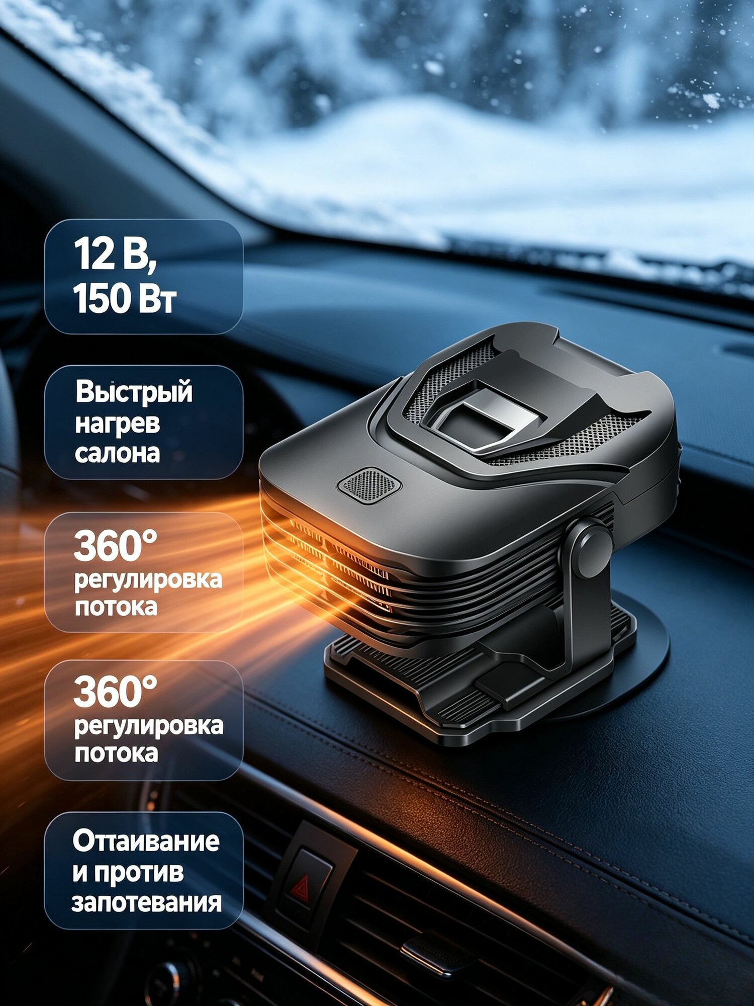 Автомобильный обогреватель 12 В, 150 Вт, быстрое оттаивание стёкол, 360 регулировка