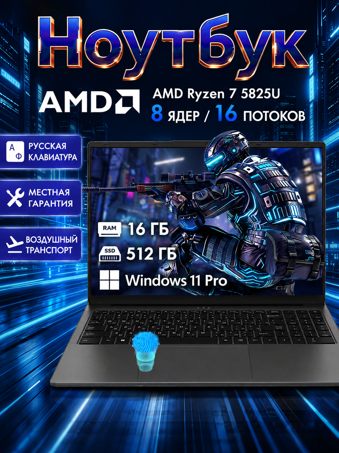 Мощный ноутбук Ryzen 7 5825U, 8 ядер 16 потоков, Radeon Vega 8, 16/512 ГБ, 15,6″ IPS FHD, Windows 11 Pro, для игр и работы