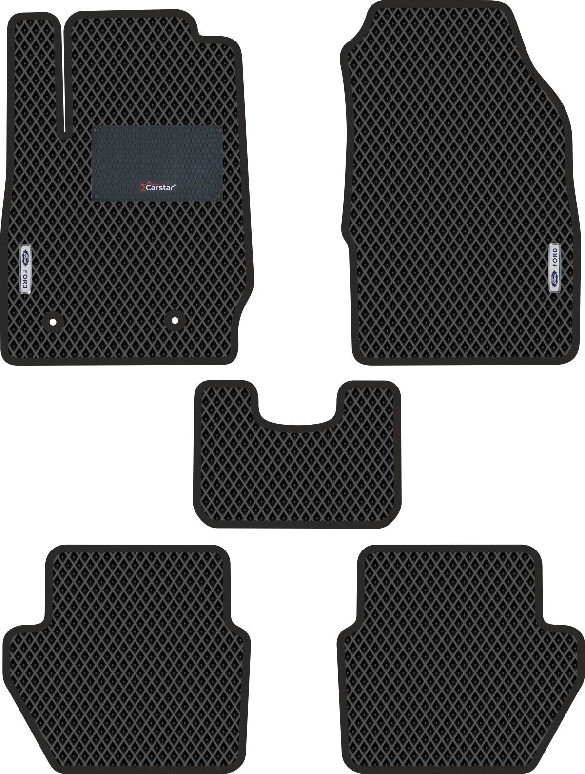 Автомобильные коврики EVA для Ford Ecosport I (2014->), с каучуковым подпятником и 2 эмблемами Ford, чёрные с чёрным кантом, ячейка - ромб