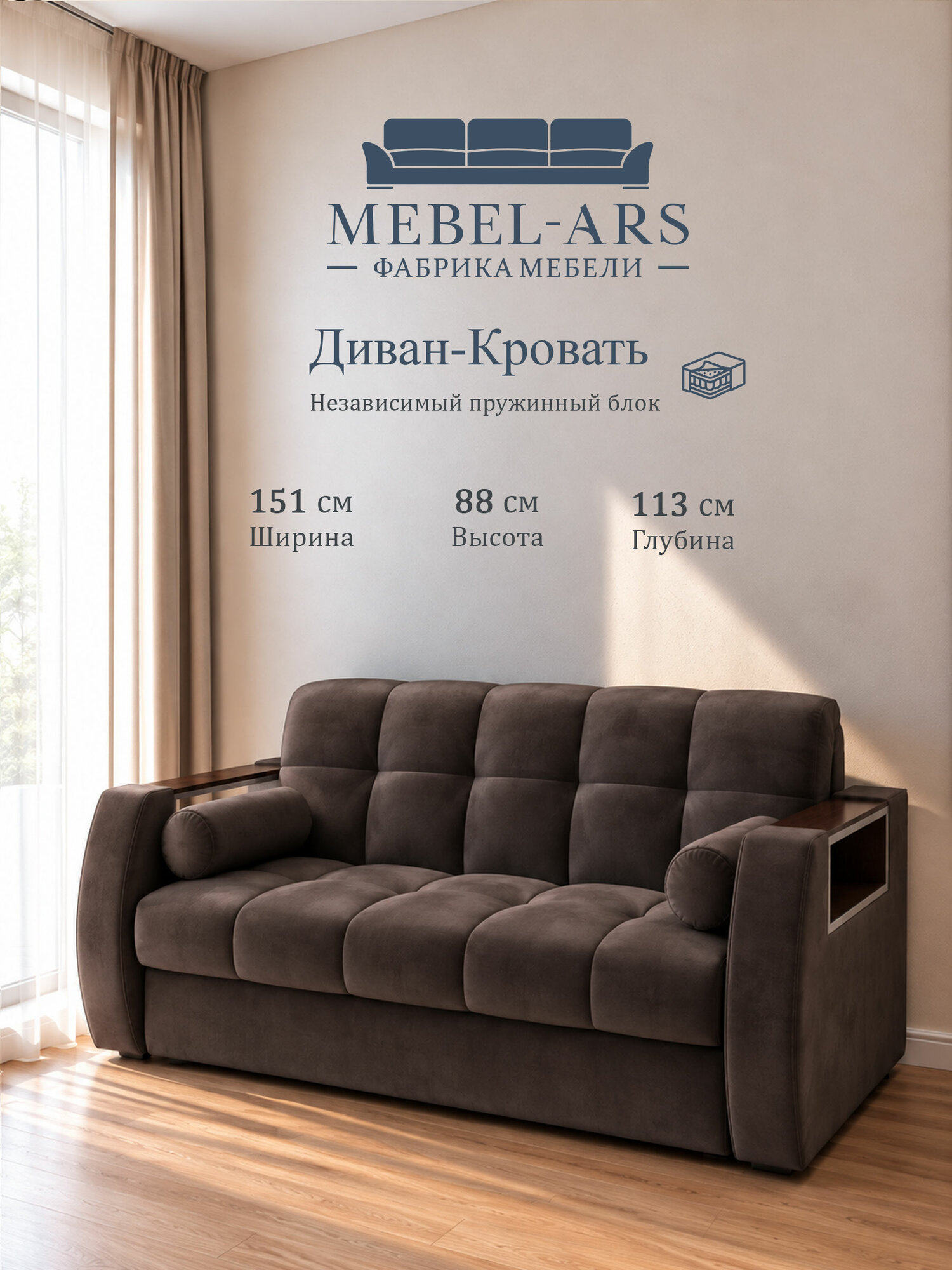 Диван-кровать Мебель-Арс Барон №3, аккордеон, 120×200 см, независимый пружинный блок, вельвет, бархат шоколадный
