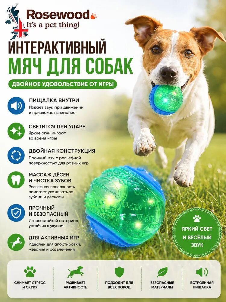 Игрушка для собак Rosewood Jolly Doggy Catch & Flash Ball, светящийся мяч с пищалкой, апортировки и чистки зубов, 6.5 см