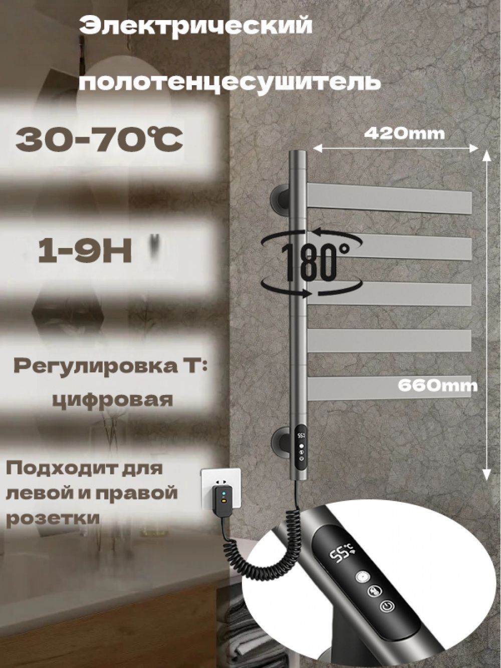 JHCD Полотенцесушитель Электрический 420мм 660мм форма E-образная (Фокстрот)