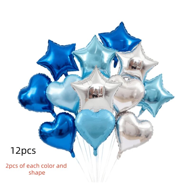 Фольгированные шары 12pcs синие серебристые звезды и сердца