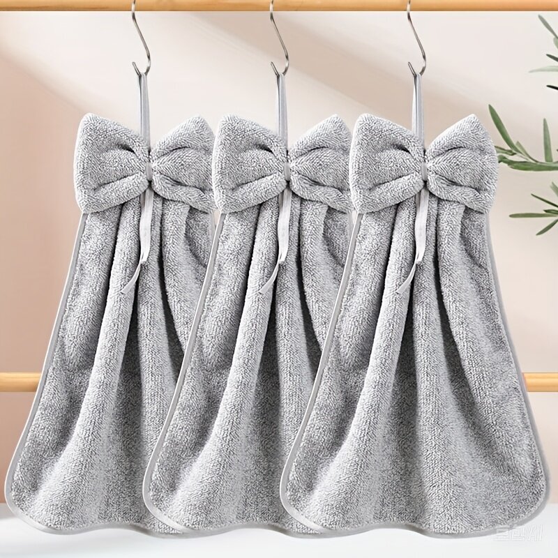 Подвесные полотенца для рук, 3 шт, серый цвет, 12,99×14,56 дюйма, из высокоплотного кораллового флиса с декоративным бантом, для кухни и ванной