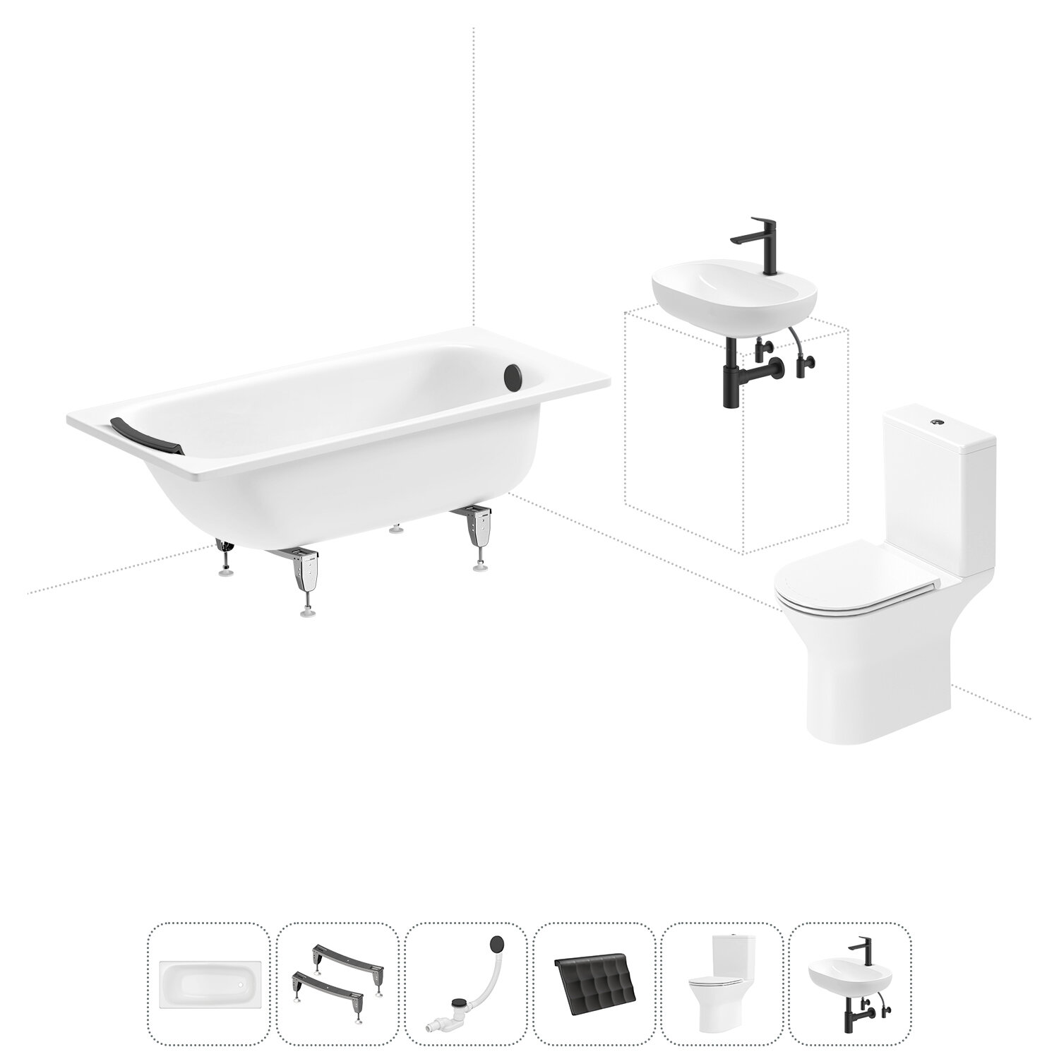 Стальная ванна 150х70 Sanitana BLB Universal 20220699R в наборе 6 в 1: металлическая ванна 150 х 70 см с шумоизоляцией, ножки, слив-перелив, подголовник, унитаз, раковина с комплектом для подключения