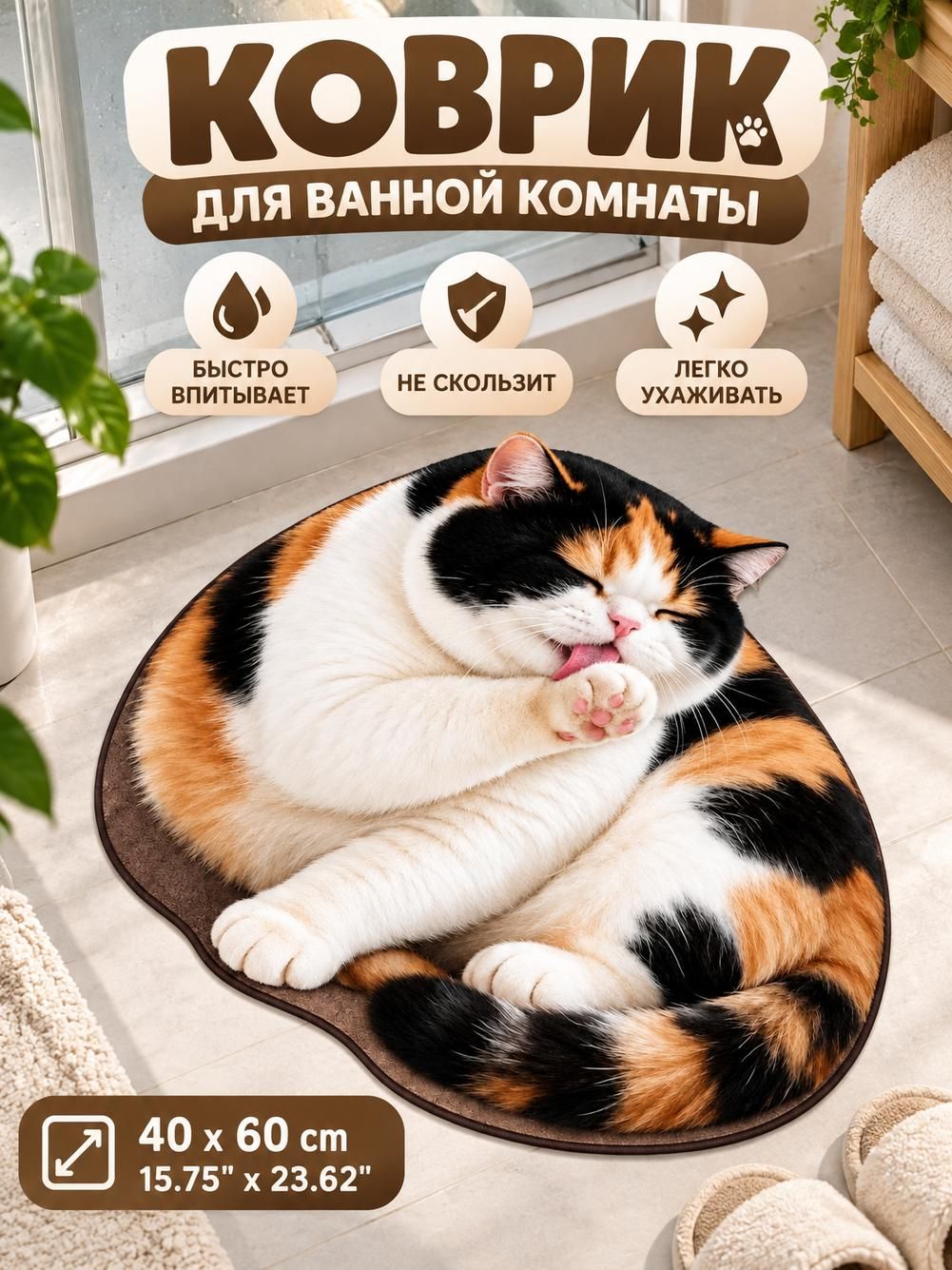 Коврик для бани диатомовый, 40х60 см, рисунок кота, нескользящий
