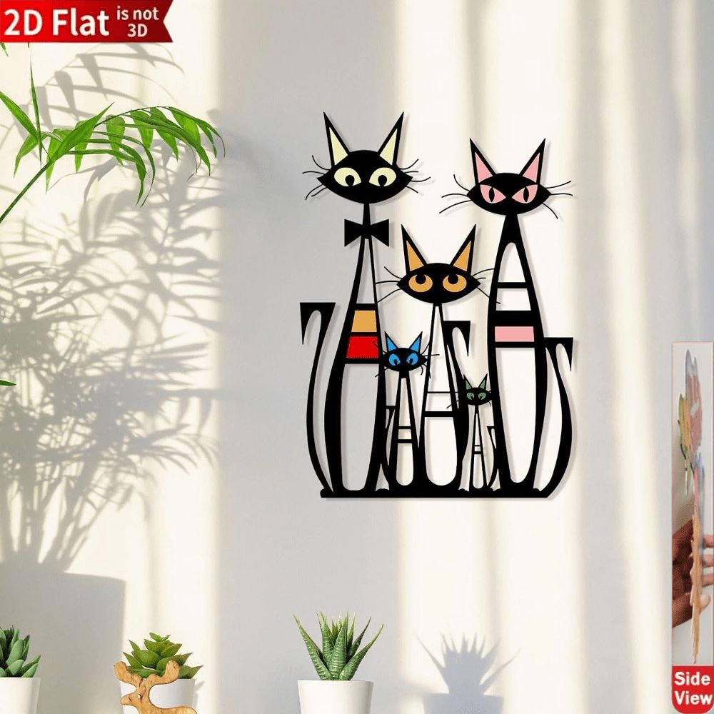 2D Flat. Металлическая кошка на стену. Ретро-стиль. Для гостиной, спальни, кухни, офиса. Отличный подарок для любителей кошек.