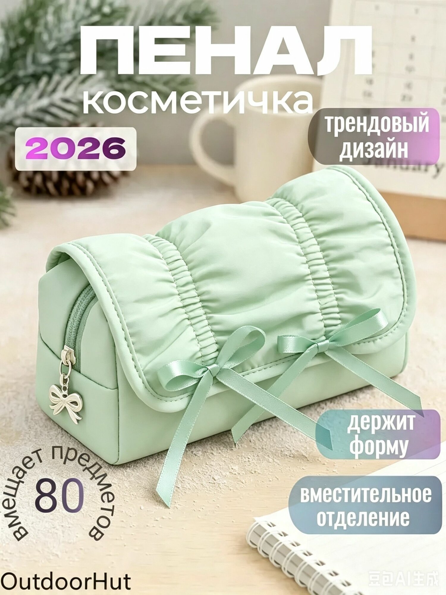 Пенал косметичка школьный для девочек с бантиками черный, отличный подарок девочкам, студенткам и учителям