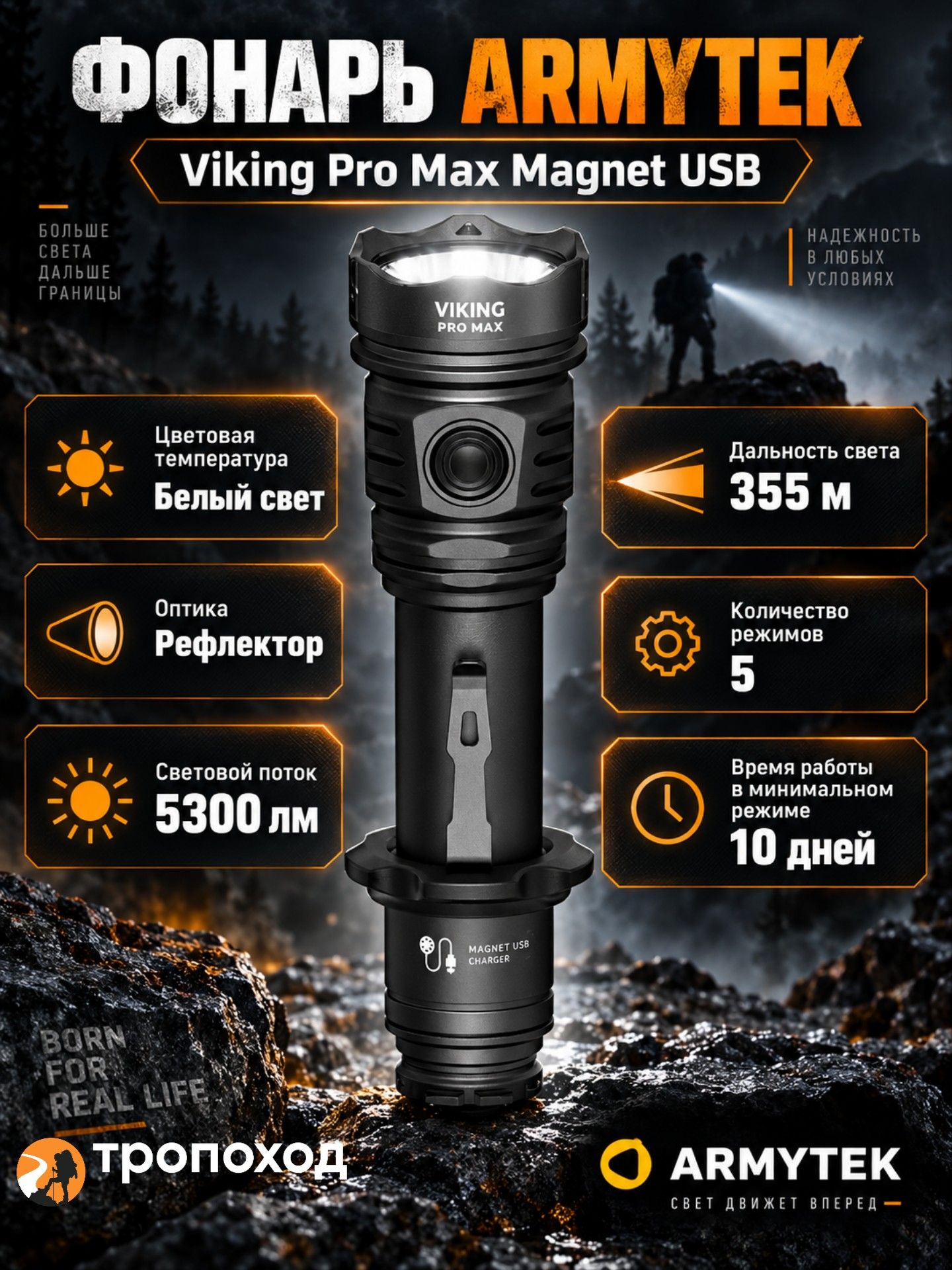 Фонарь Armytek Viking Pro Max Magnet USB Белый