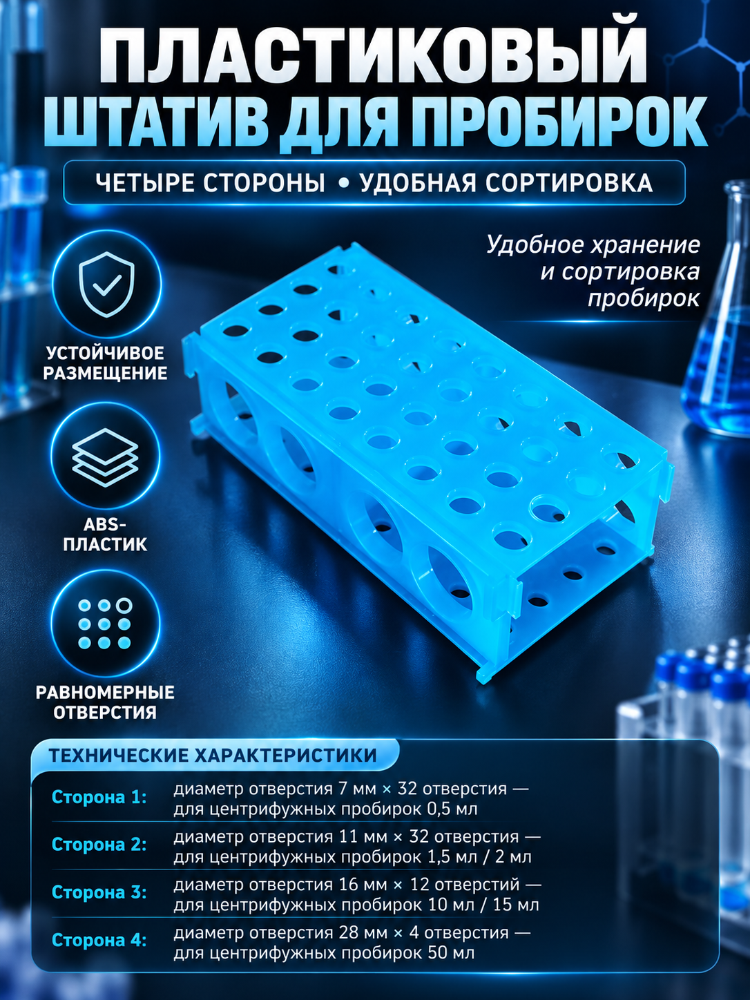 Штатив для пробирок пластиковый лабораторный под центрифужные пробирки разного объема