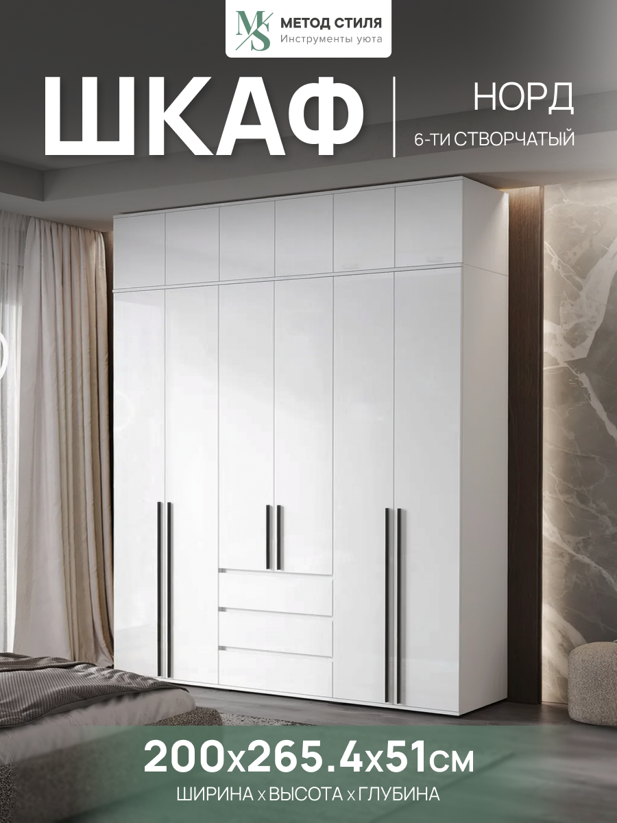 Шкаф для одежды Норд 6-ти дверный с антресолью (Белый глянец, Белый)