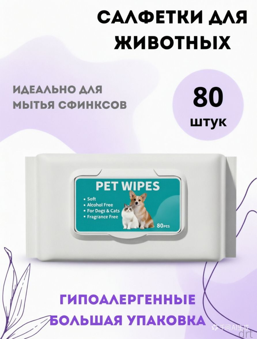 Влажные салфетки для собак и кошек, 80 шт. Очищающие салфетки для лап, попы и глаз, устранение запахов и слезных дорожек (14x18 см)
