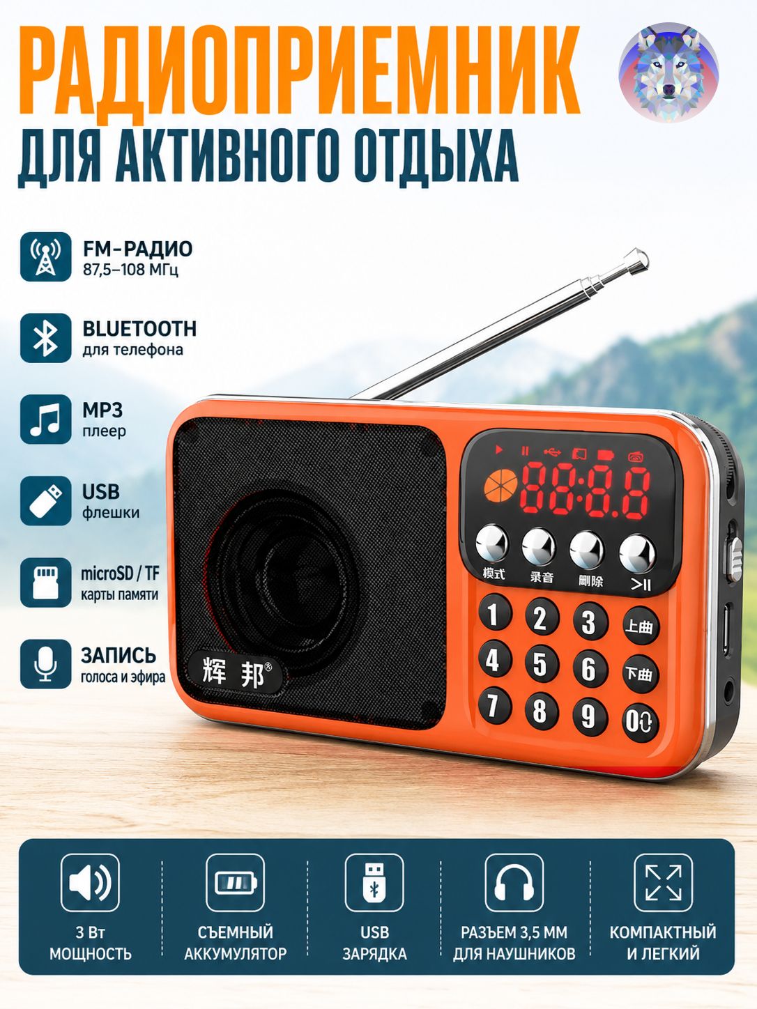 Радио/ Портативный цифровой радиоприемник / MP3-файлы с карт памяти и USB-флэшек. Оранжевый
