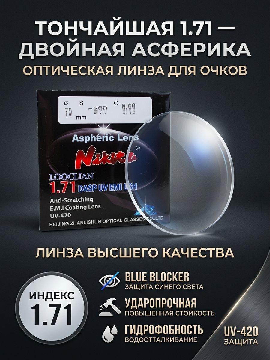 Линза для очков, сфера -7.00 Двойная Асферика с покрытием Blue Blocker UV420 Nikita индекс 1.71