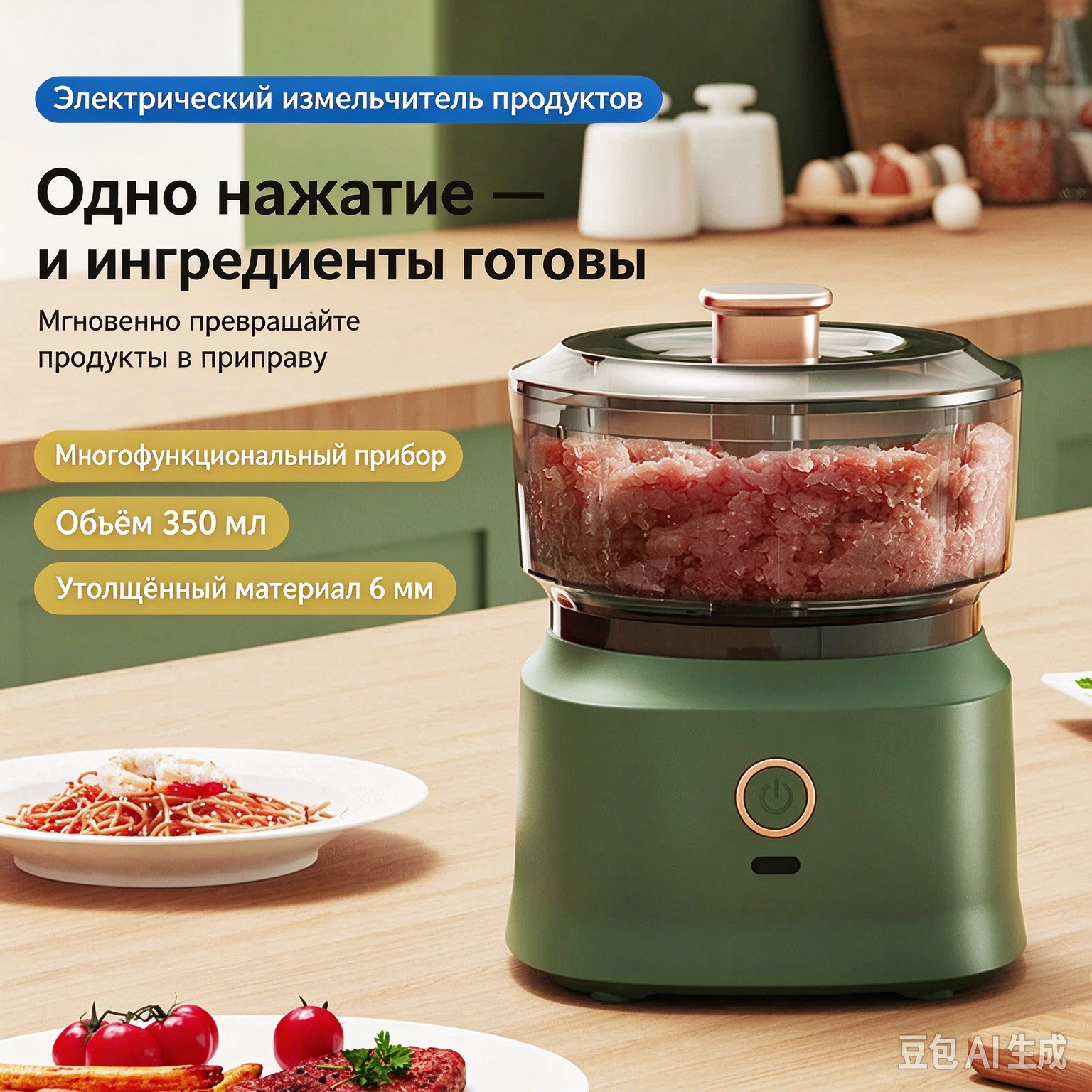 Мясорубка электрическая беспроводная MY-01 лесной зеленый, мощность 45 Вт, питание от аккумулятора