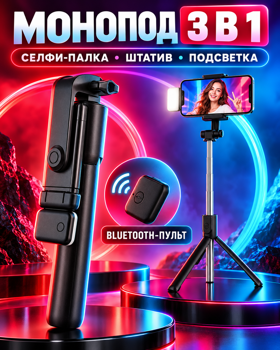 Монопод-селфи-палка 3 в 1 с Bluetooth-пультом, LED-подсветкой и штативом, до 72 см, чёрный