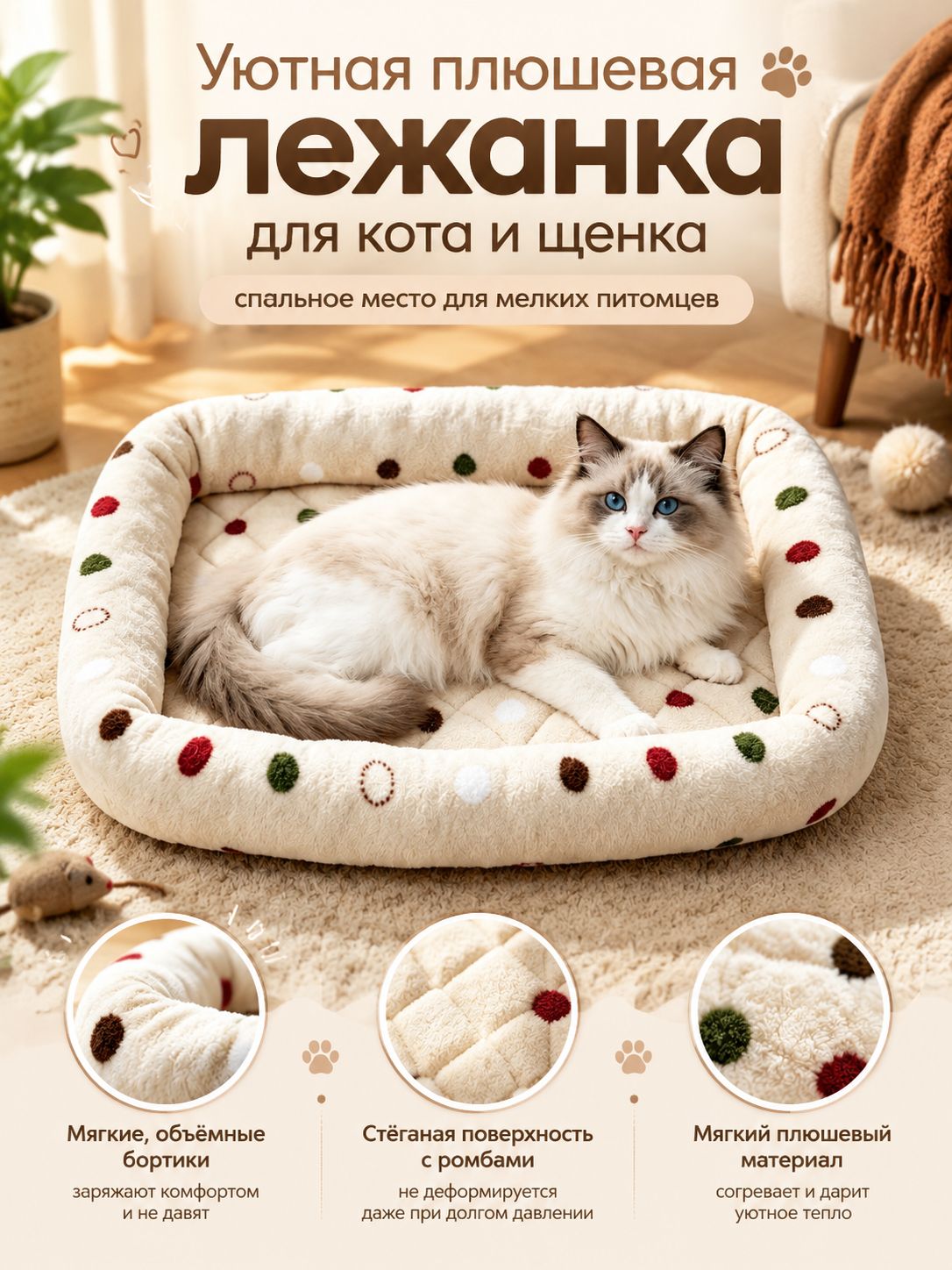 Корзинка для питомцев противоскользящая, лежанка с принтом горошек для сна кошек и собак