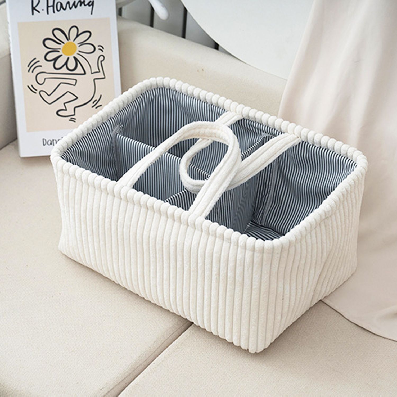 Корзина для хранения вельветовая хлопковая с разделителями 38 x 26 x 18 см, ручки, белый