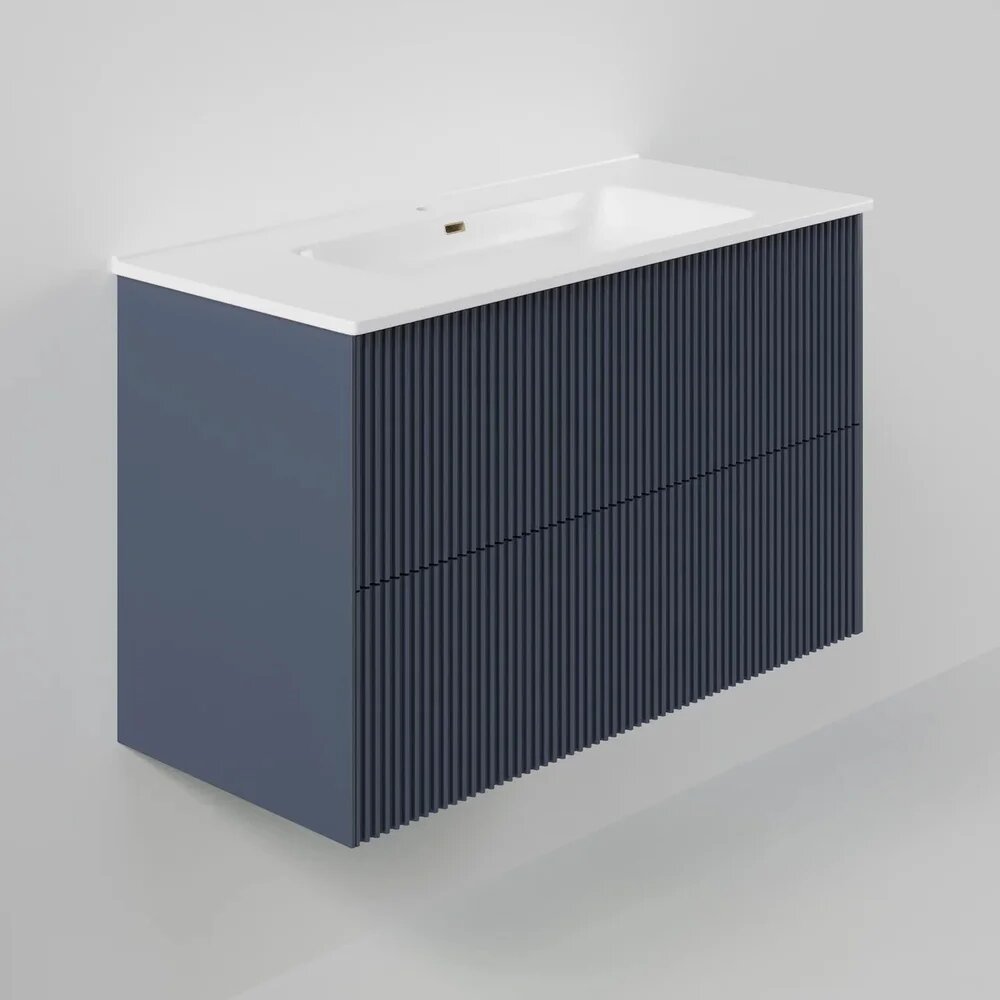 Тумба с раковиной La Fenice Terra Twin 100 подвесная, 101 см, синяя, матовая, из МДФ, с ящиками, раковина для ванной, фарфоровая, прямоугольная, встроенный слив-перелив