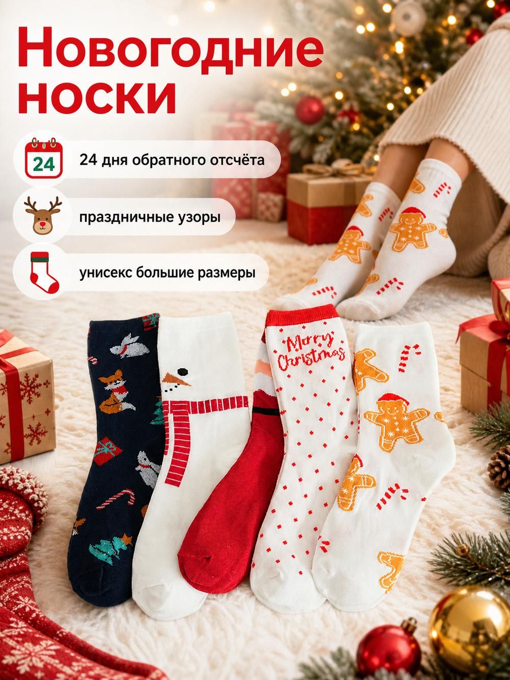 Носки зимние с елками, 6 пар, зеленые