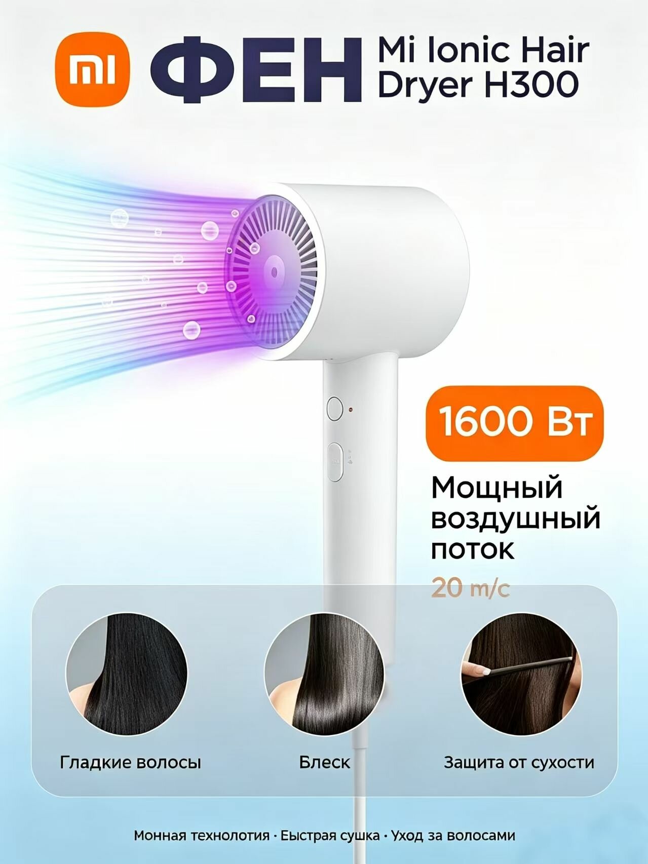 Фен Xiaomi Mi Ionic Hair Dryer H300 EU, 1600Вт BHR5081GL, белый