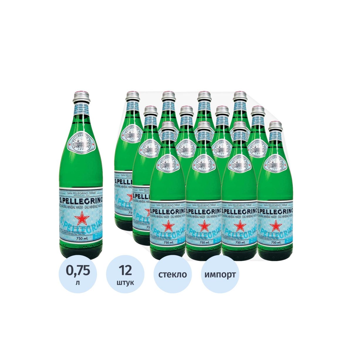 Вода минеральная газированная San Pellegrino питьевая, стекло, 0,75л (2015665), 12шт.