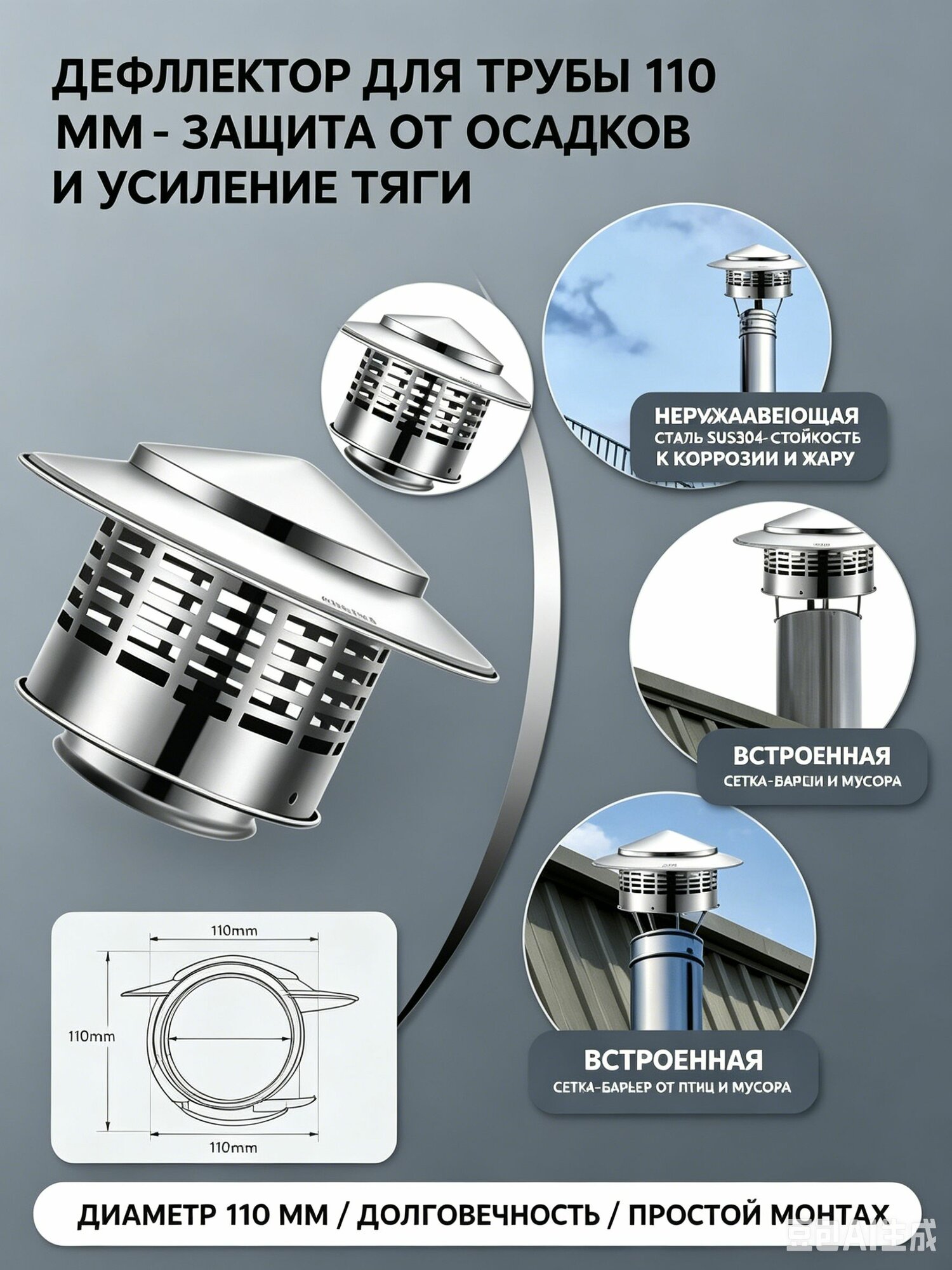 Колпак для дымохода и вентиляции, нержавеющая сталь 110мм - зонт-дефлектор с защитной сеткой от птиц и осадков, оголовок на фановую трубу вытяжки