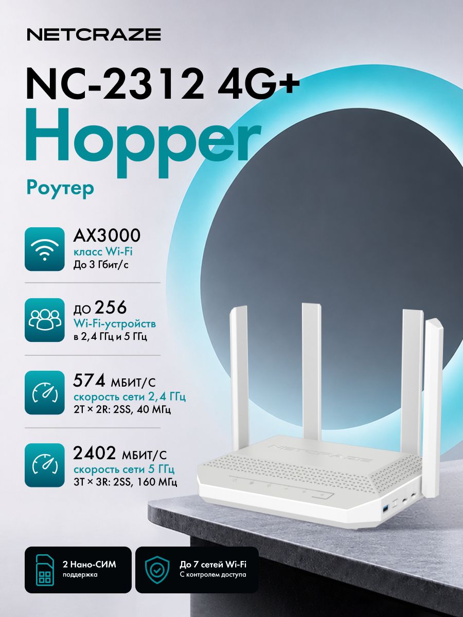 Wi-Fi роутер Hopper 4G+ (NC-2312) AX3000 802.11ax Wi-Fi 6 серый