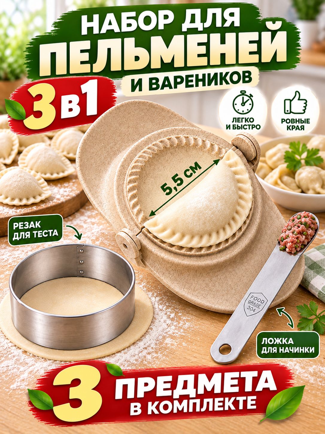 Форма для лепки пельменей и вареников, набор 3 в 1, пельменница варенница ручная, для быстрой домашней лепки, 5,5 см