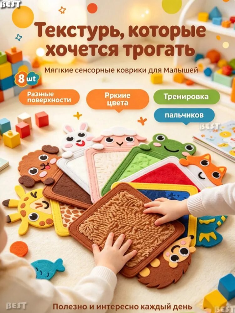 Интерактивные мини-коврики из фетра для детей с аутизмом: игровые коврики с мультяшными животными, которые развивают тактильные навыки и стимулируют чувства" 8шт