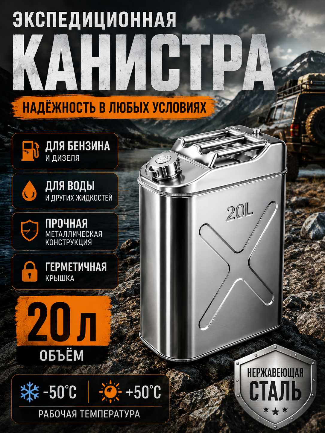 Металлическая герметичная канистра Rekidel 20 л для бензина, дизеля и горюче‑смазочных материалов