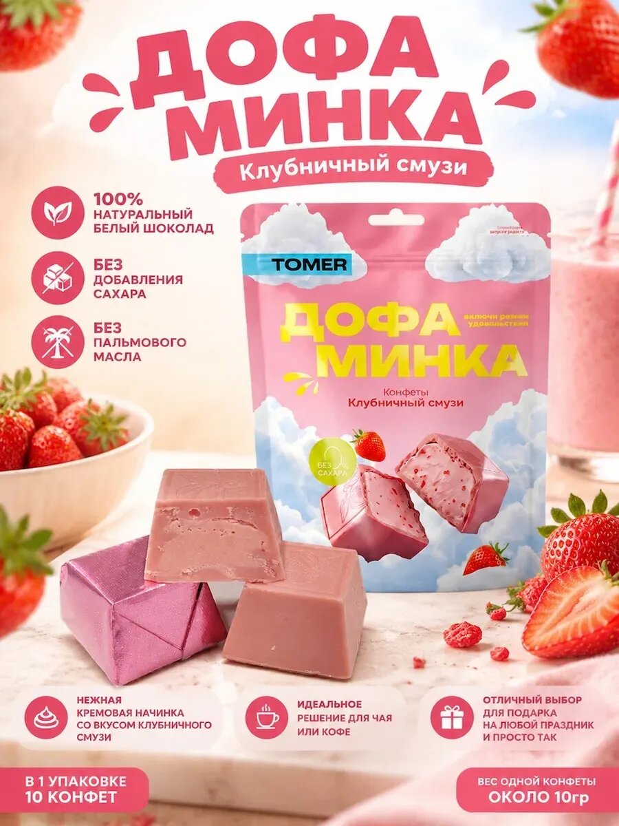 Конфеты шоколадные"Дофаминка" клубничный смузи,125гр